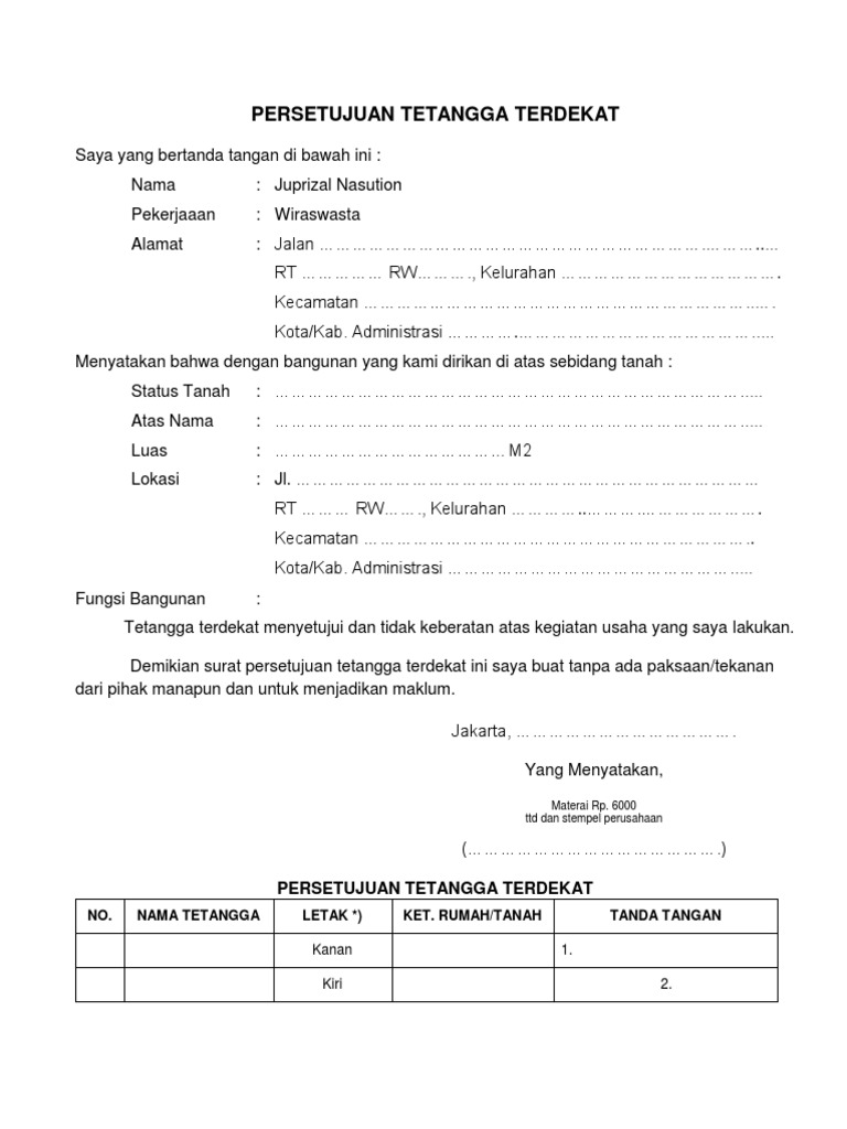 Surat Persetujuan Tetangga | PDF