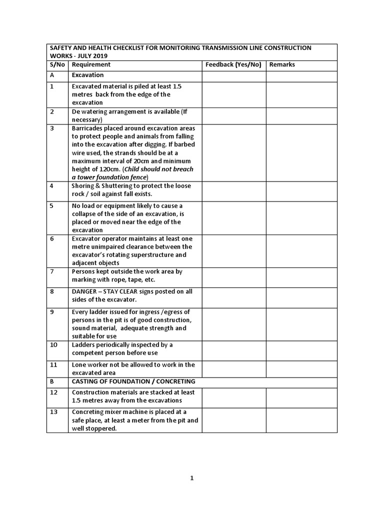Safety and Health Checklist For Monitoring Transmission Line ...