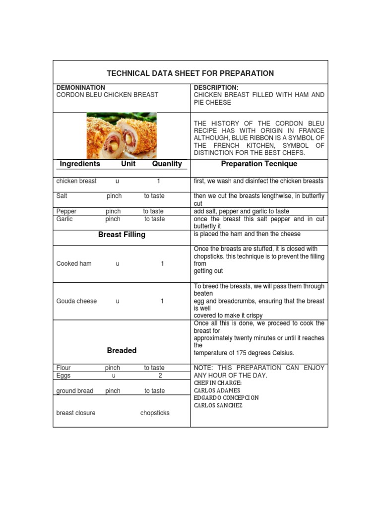 Technical Data Sheet For Preparation: Ingredients Unit Quanlity ...