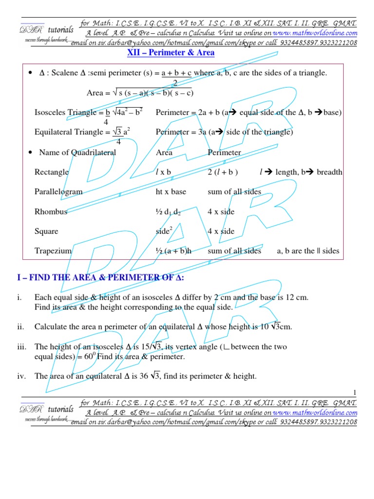 ICSE-IX-Worksheet-Area N Perimeter | PDF | Area | Rectangle