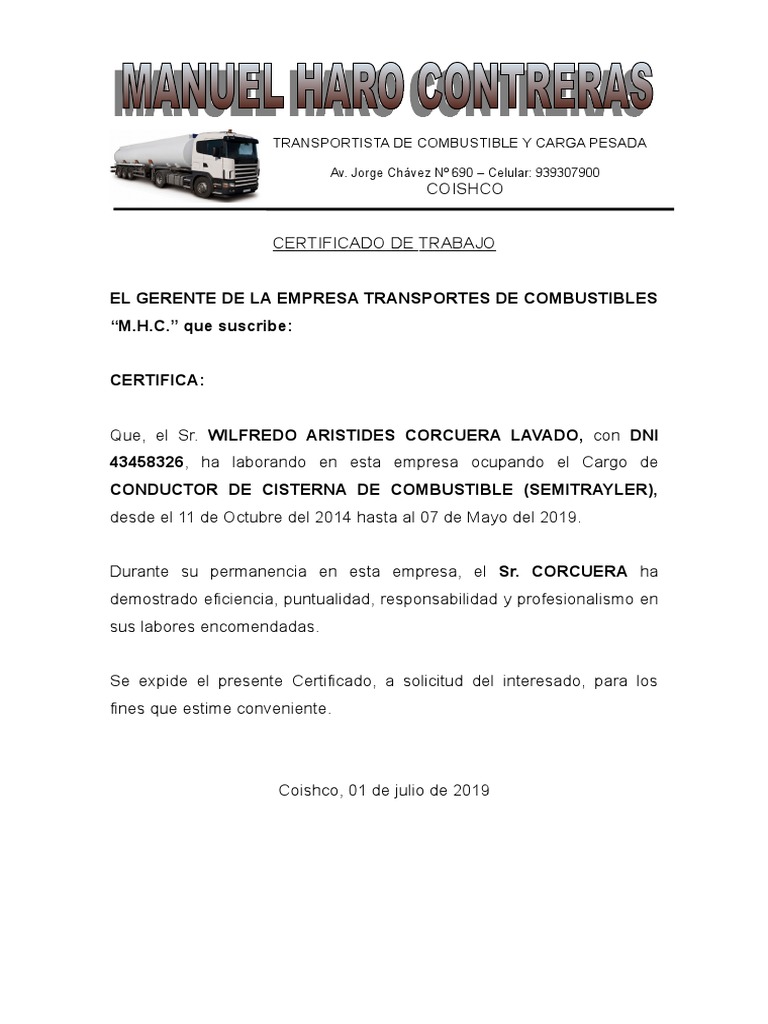 Certificado De Trabajo Transportista De Combustible Y Carga Pesada Pdf