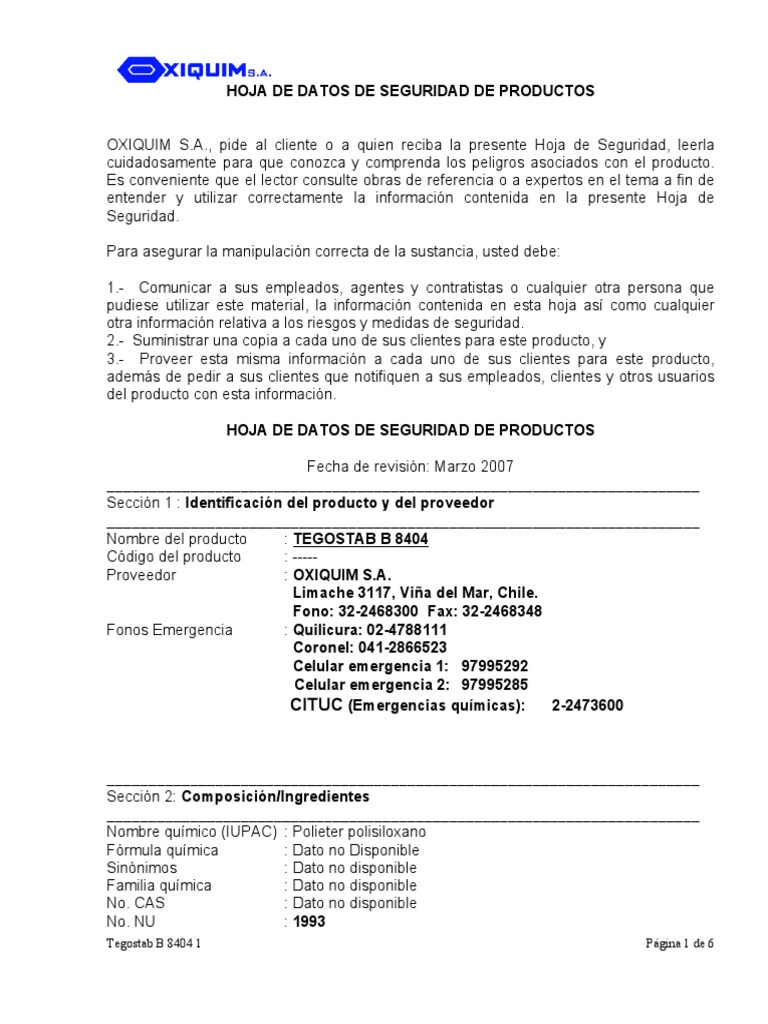 Tegostab B 8404 | PDF | Agua | Combustión