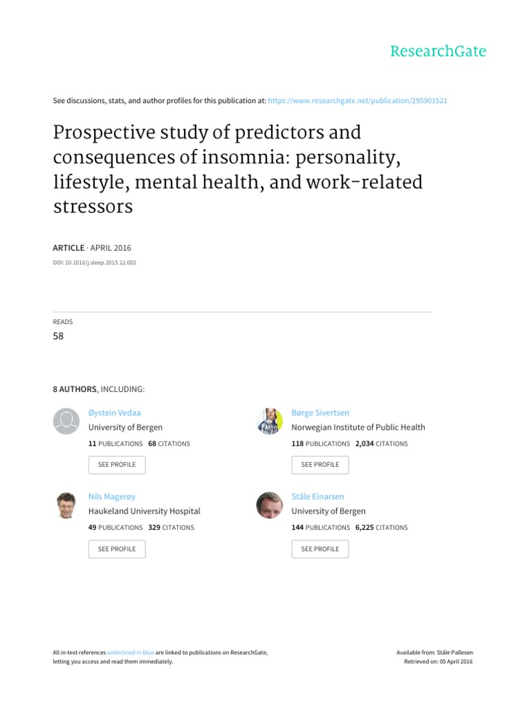 Prospective Study of Predictors and Consequences of Insomnia Personality, Lifestyle, Mental ...