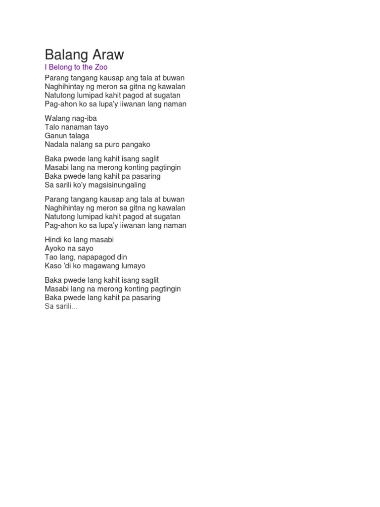 Balang Araw Lyrics by I Belong To The Zoo | PDF