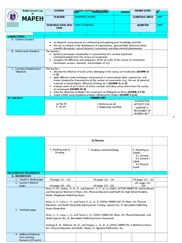 Q1 Grade 10 ARTS DLL Week 2 | PDF | Paintings | Modern Art