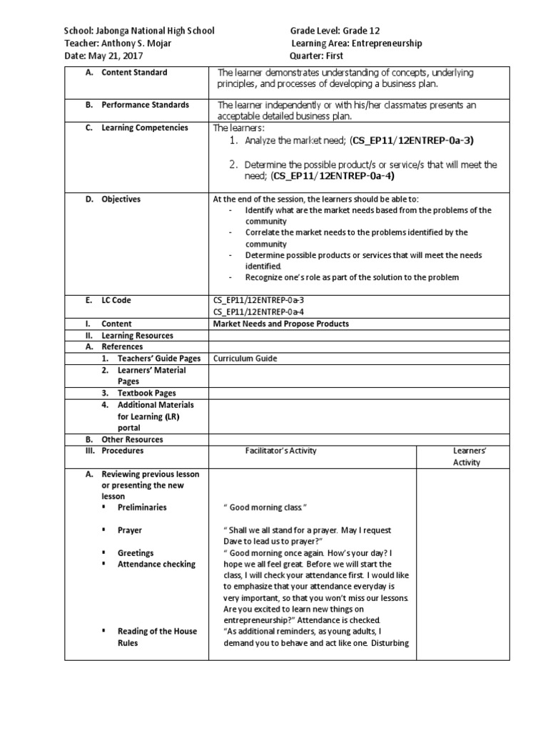 Detailed Lesson Plan On Entrepreneurship | PDF | Causality | Learning