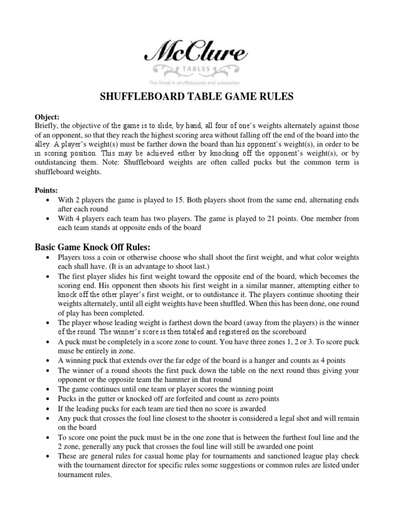 Shuffleboard Table Rules | PDF | Games Of Physical Skill | Sports