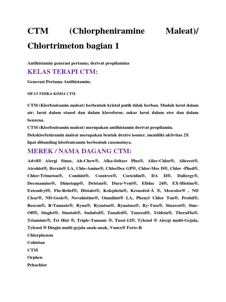 CTM (Chlorpheniramine Maleat) / Chlortrimeton Bagian 1 | PDF