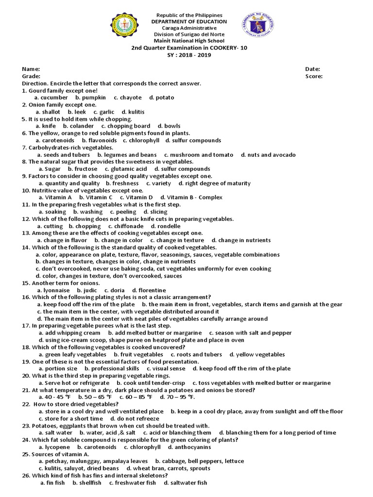 2nd Quarter-Cookery 10 | PDF | Vegetables | Potato