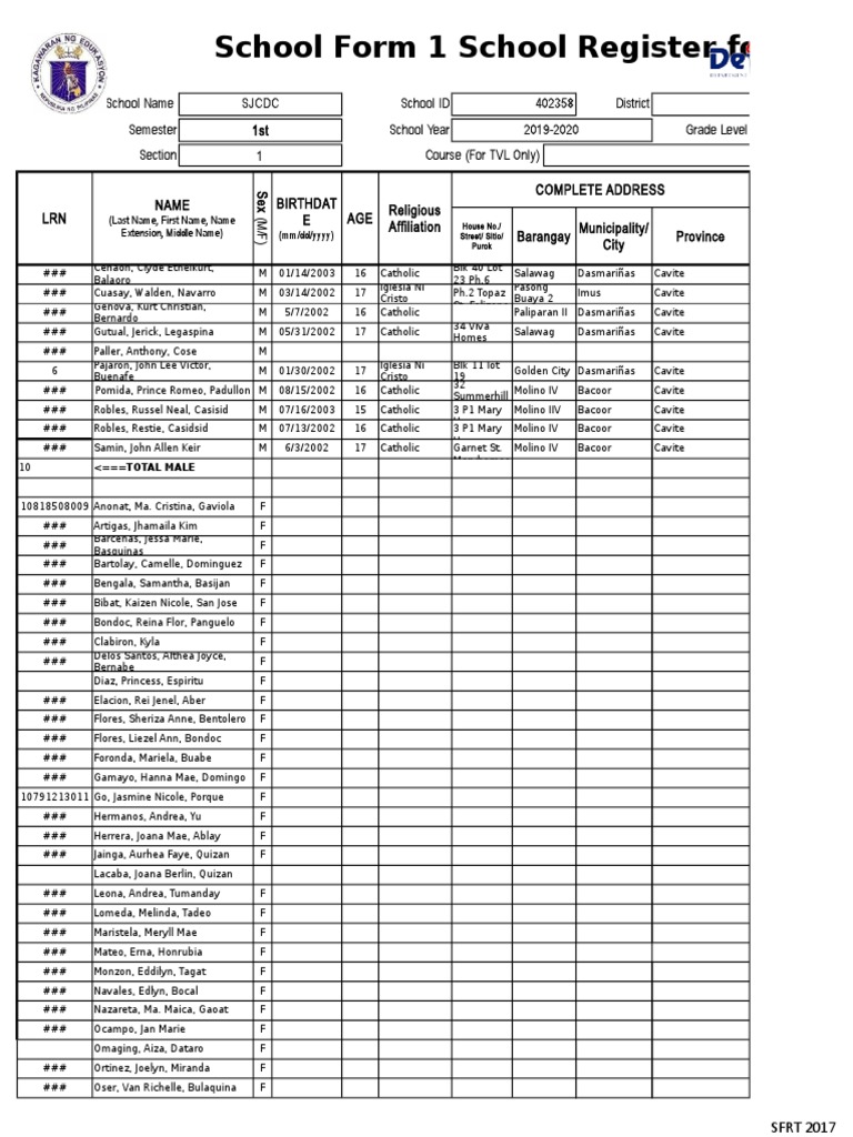 School Form 1 School Register For Senior High School (SF1-SHS) | PDF ...
