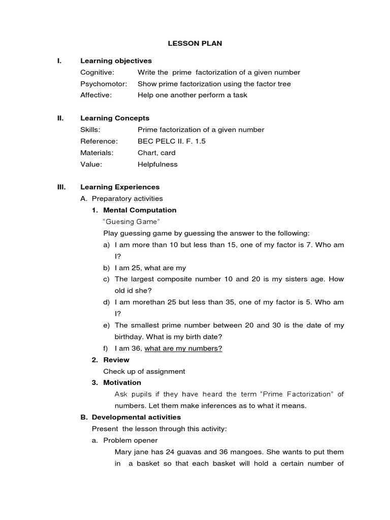 Lesson Plan I. Learning Objectives | PDF | Factorization | Learning