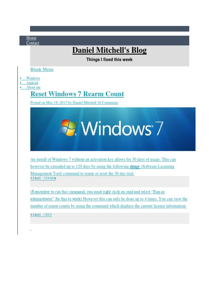 Daniel Mitchell's Blog: Reset Windows 7 Rearm Count | PDF | Windows ...