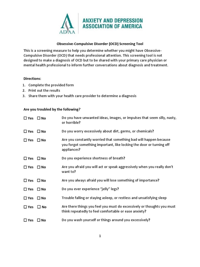Obsessive-Compulsive Disorder (OCD) Screening Tool | PDF | Obsessive ...