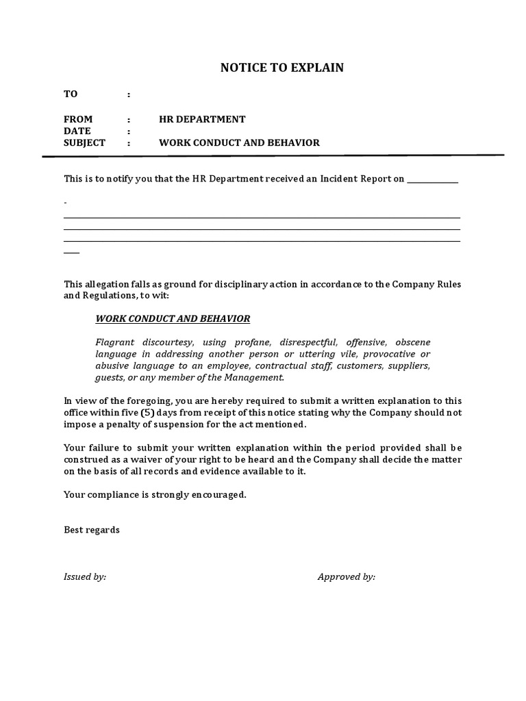 Notice To Explain: TO: From: HR Department Date: Subject: Work Conduct ...