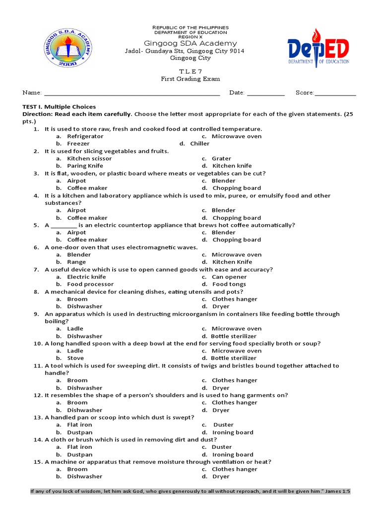 Grade 7 Exam TLE Firstgrading | Home Appliance | Blender