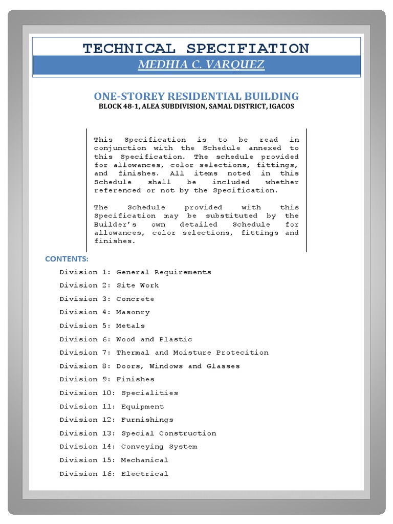 Technical Specifiation: One-Storey Residential Building | PDF | Door ...