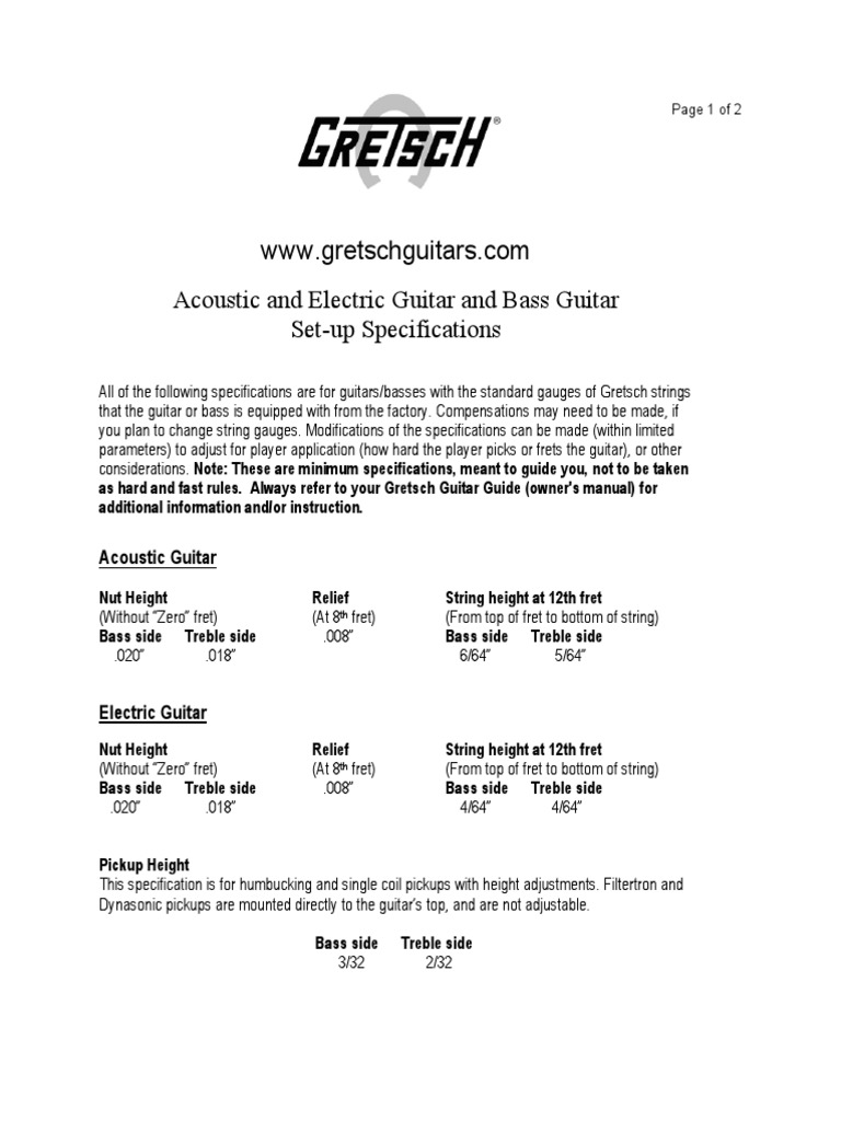 Gretsch Setup Specs PDF | PDF | Guitars | Bass Guitar