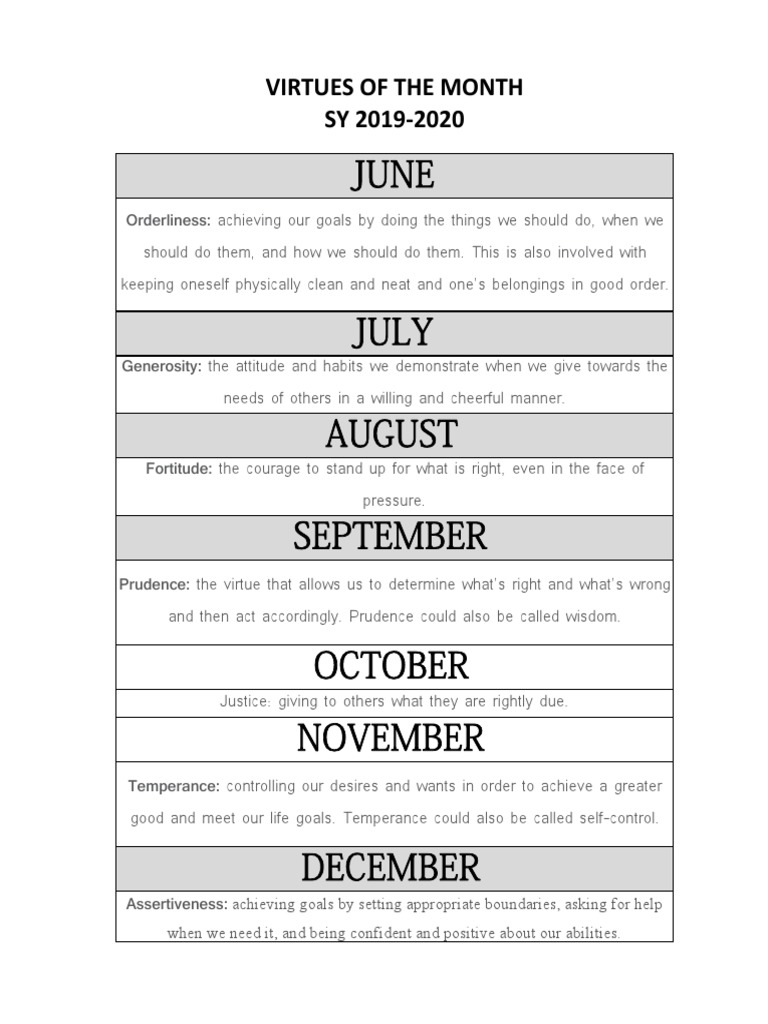 Virtues of The Month SY 2019 2020 | PDF