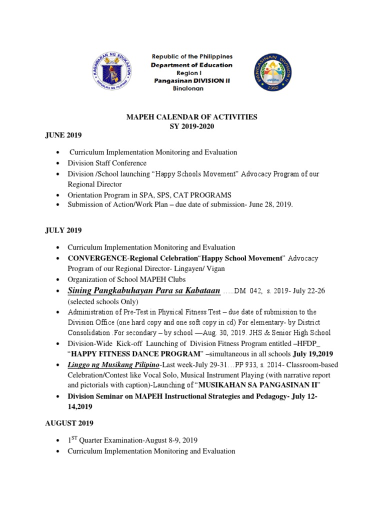 Mapeh Calendar of Activities 2019 | PDF | Learning | Behavior Modification