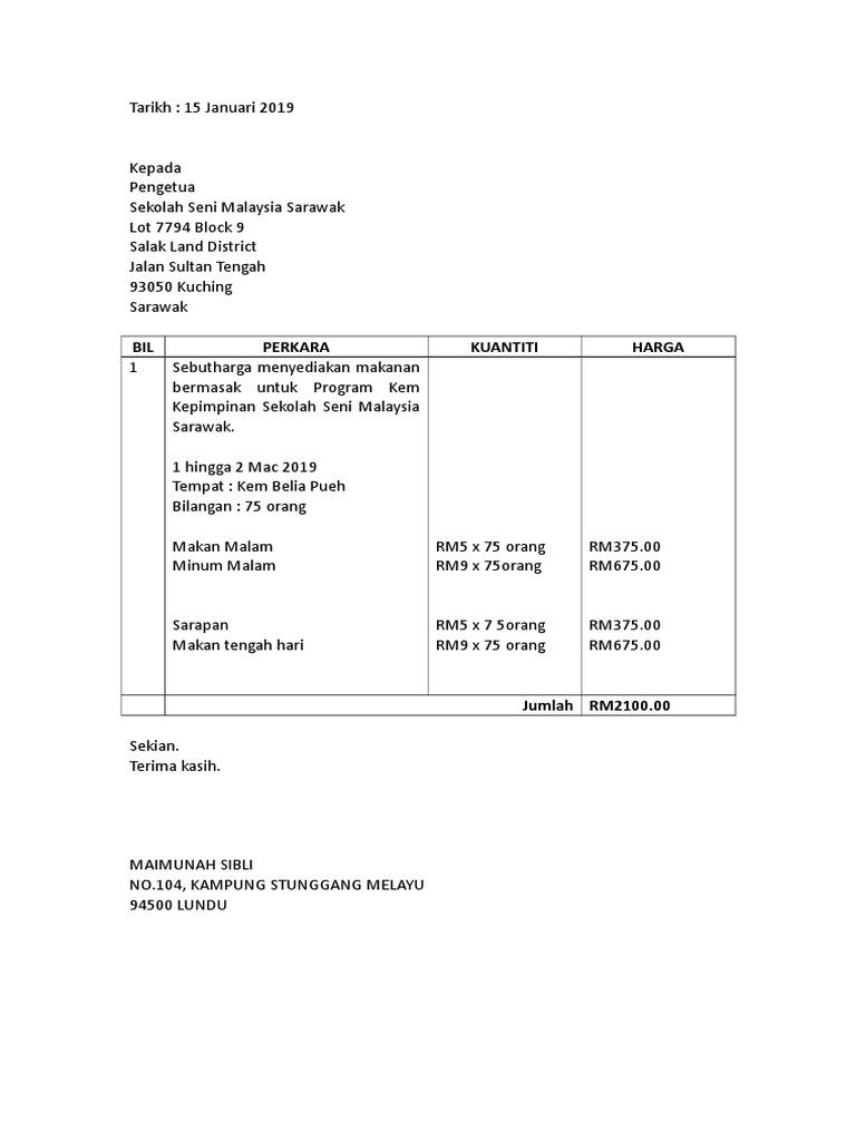 Sebutharga Katering Sekolah Seni | PDF