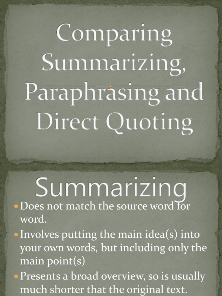 Direct Quoting, Paraphrasing and Summarizing | PDF | Paragraph | Word