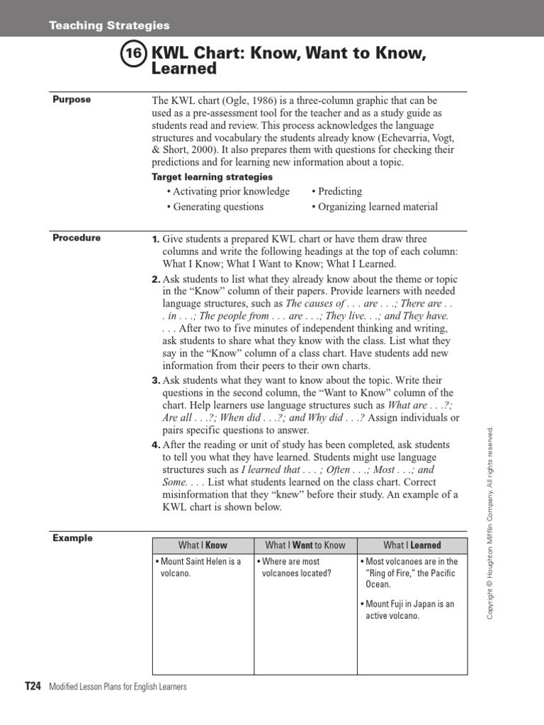 KWL Chart: Know, Want To Know, Learned: Teaching Strategies | PDF ...