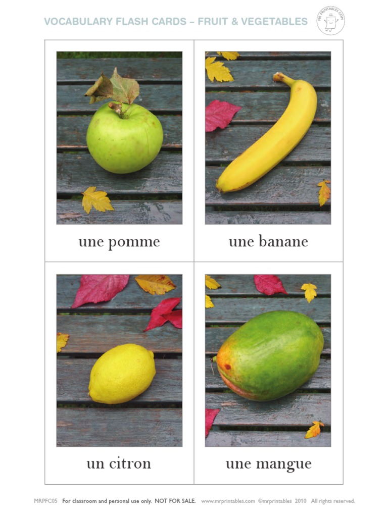 Une Pomme Une Banane: Vocabulary Flash Cards - Fruit & Vegetables | PDF