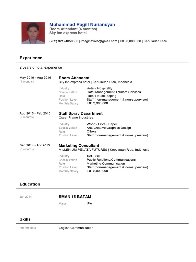 Room Attendant Resume - Kepulauan Riau | PDF