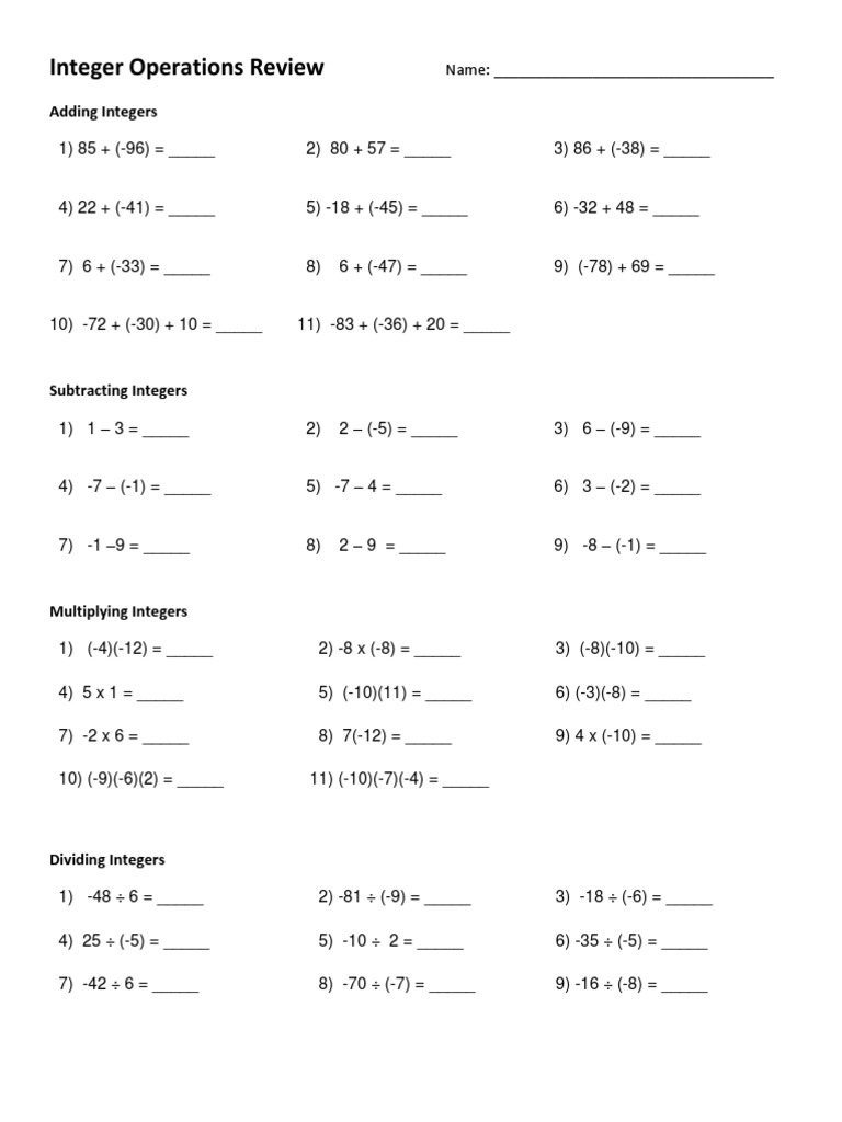 12 - Integer Operation Worksheet | PDF | Theoretical Computer Science | Teaching Mathematics