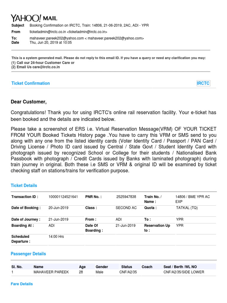 Dear Customer,: Ticket Confirmation Irctc | PDF | Identity Document ...