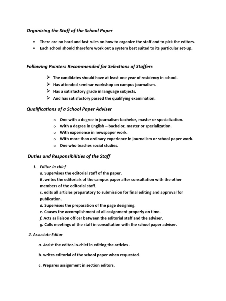 Organizing The Staff Of The School Paper Jill Cunada Pdf Newspapers