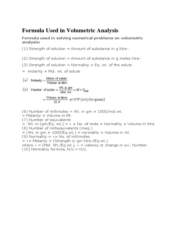 Formula Used in Volumetric Analysis