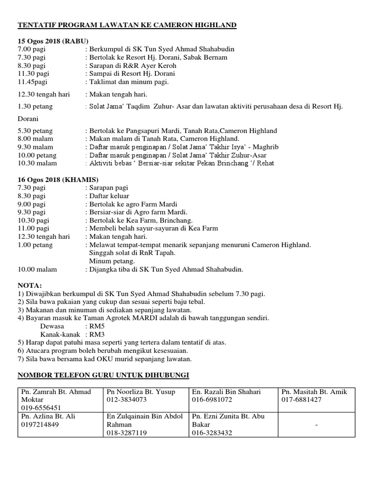 Tentatif Program Lawatan Ke Cameron Highland | PDF
