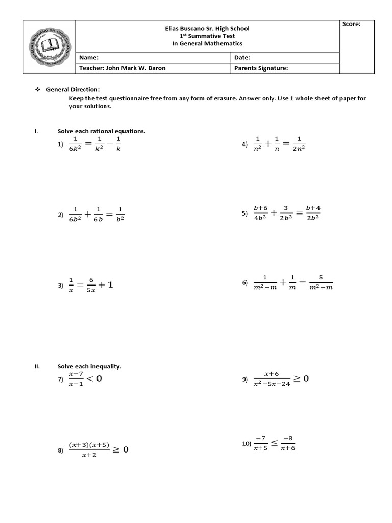 General Direction: Keep The Test Questionnaire Free From Any Form of ...