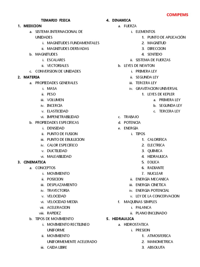 Temario Comipems Fisica | PDF | Electricidad | Fuerza