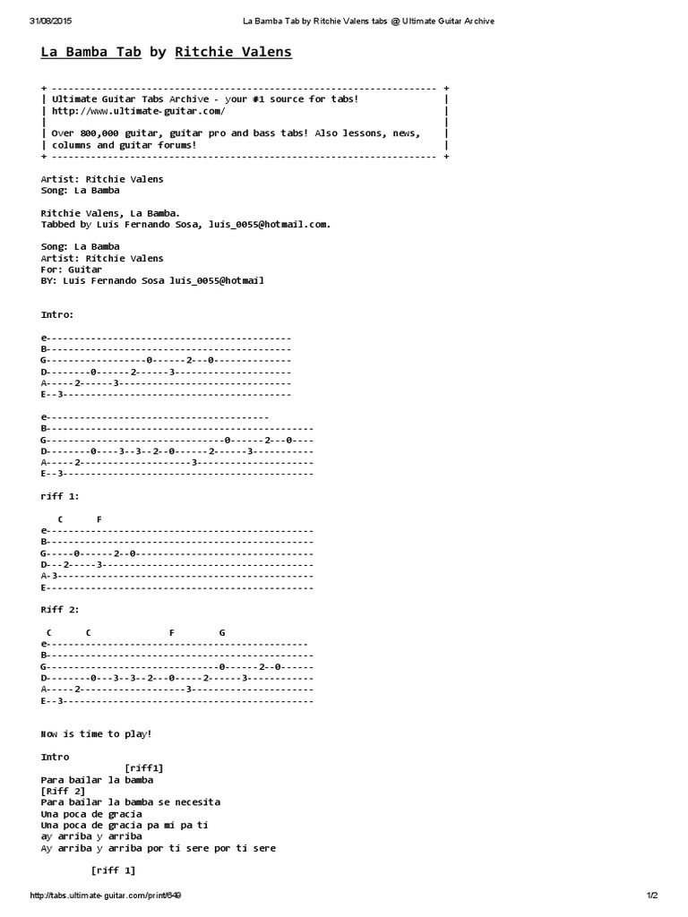 La Bamba Tab by Ritchie Valens Tabs at Ultimate Guitar Archive PDF ...