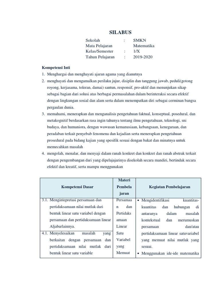 Silabus Matematika Wajib Kelas X K13 Revisi 2018 | PDF