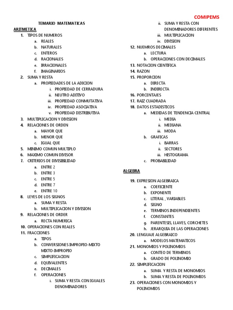 Temario Comipems Matematicas | PDF | Triángulo | Multiplicación