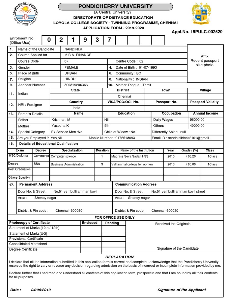 Loyola College Society - Twinning Programme, Chennai APPLICATION FORM ...