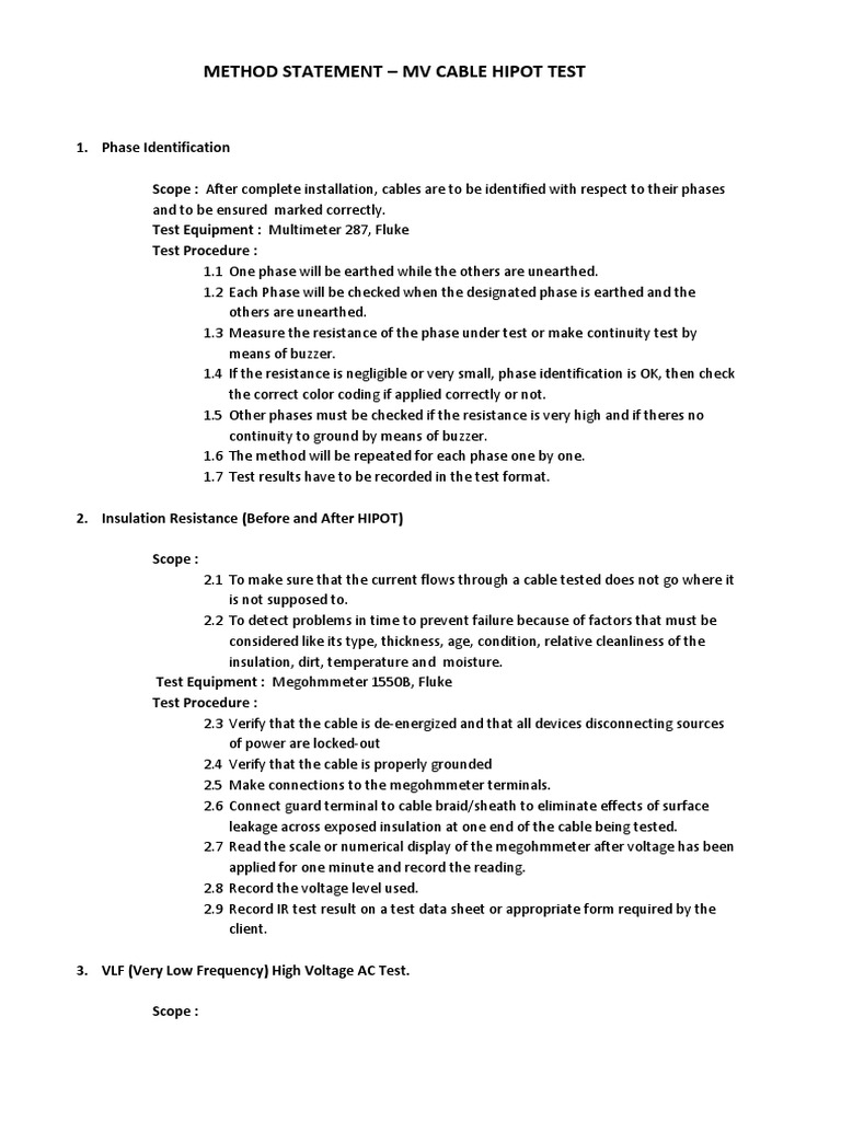 MV Cable Hipot Testing Method Statement | PDF | Coaxial Cable ...