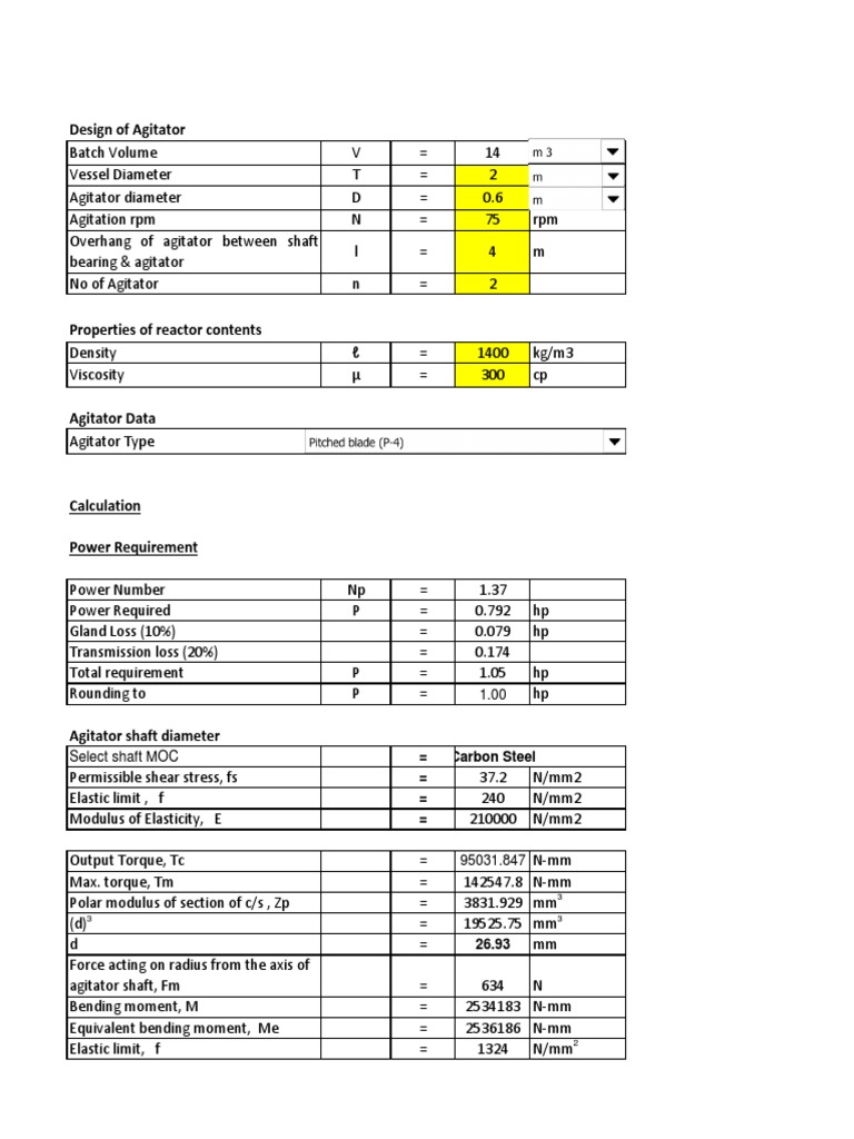 Agitator Power and Shaft Design Calculations | PDF