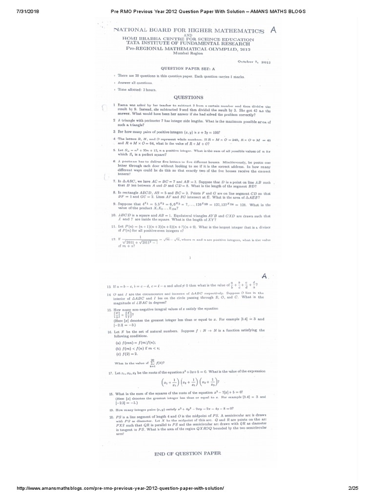Pre RMO 2012 To 2018 Questions With Solutions by AMB | PDF | Circle ...