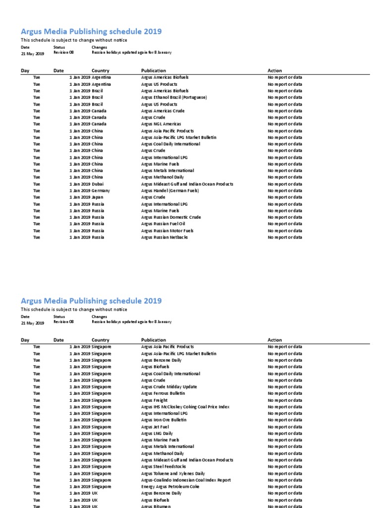 Argus Media Publishing Schedule 2019: This Schedule Is Subject To ...