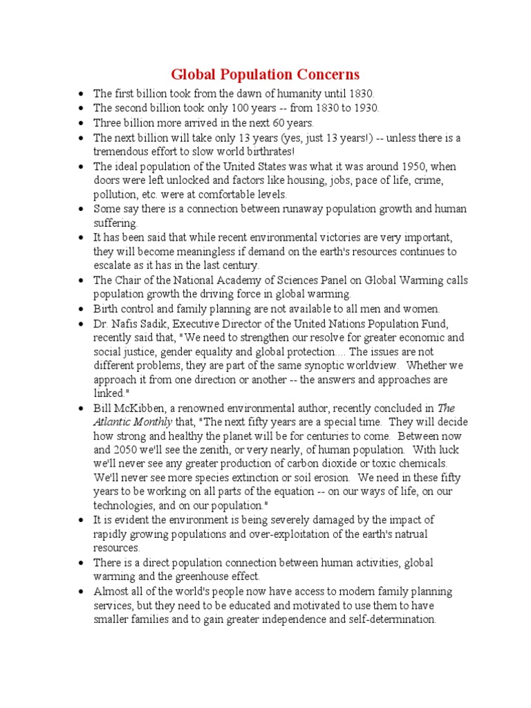 Global Population Concerns | PDF | Climate Change | Human Impact On The ...