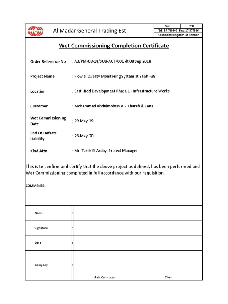 Wet Commissioning Completion Certificate