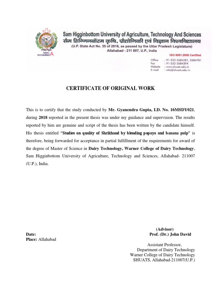 Master's Thesis Certification: Shrikhand Study | PDF