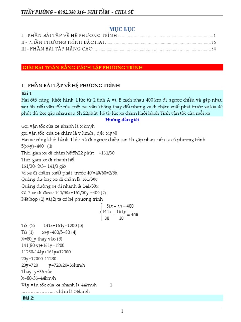 Lớp 9 - Giải Bài Toán Bằng Pt-hpt- Full Đáp Án | PDF