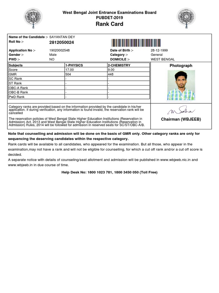 Rank Card: West Bengal Joint Entrance Examinations Board PUBDET-2019 | PDF