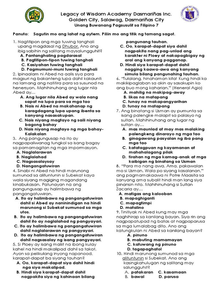 Unang Buwanang Pagsusulit Sa Filipino 7 | PDF