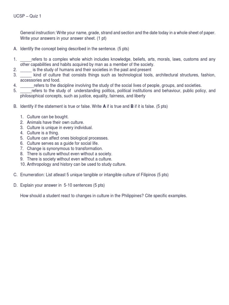 UCSP Quiz 1: Culture Concepts and Analysis | PDF | Social Science ...